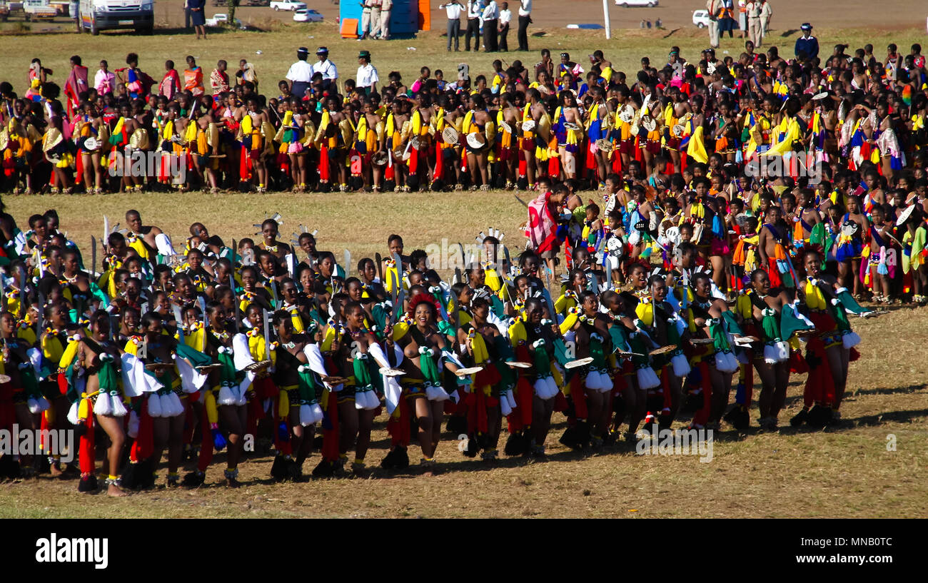 Women in traditional costumes dancing at the Umhlanga aka Reed Dance ...
