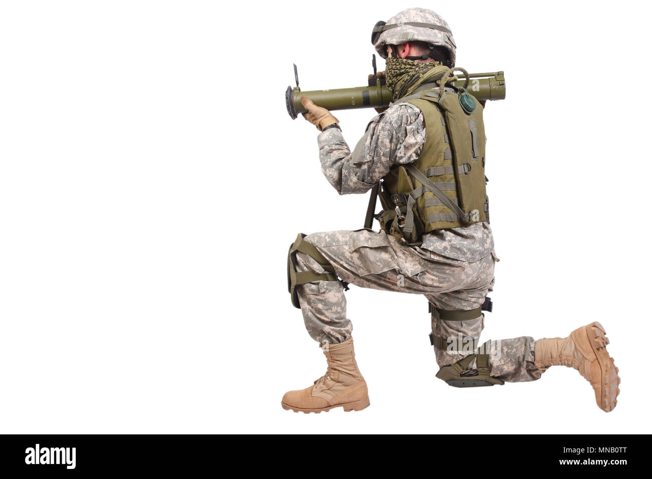 US soldier with anti-tank rocket launcher on white background Stock ...