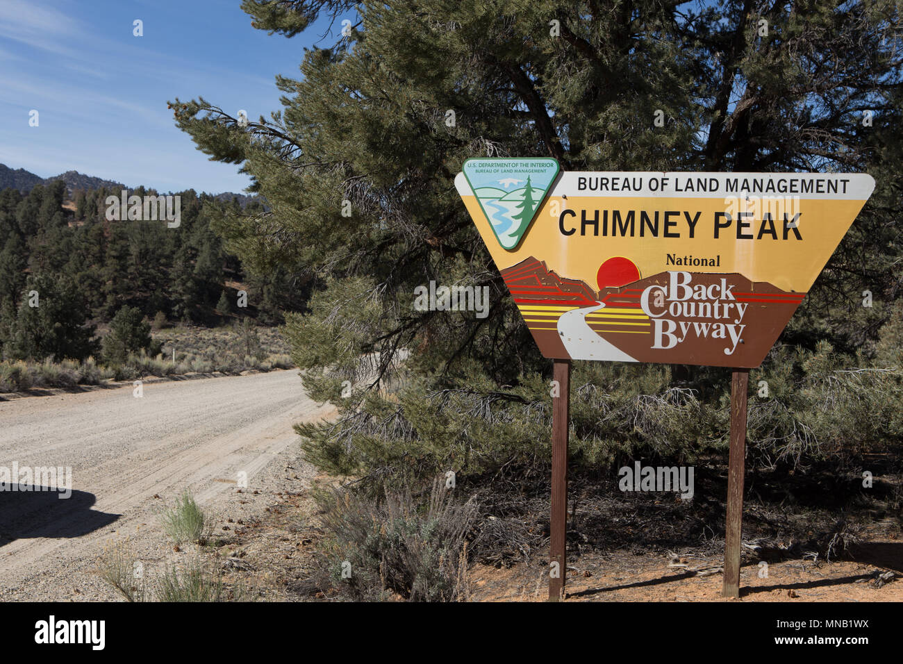 Chimney Peak Back Country Byway sign on the dirt road in the South ...