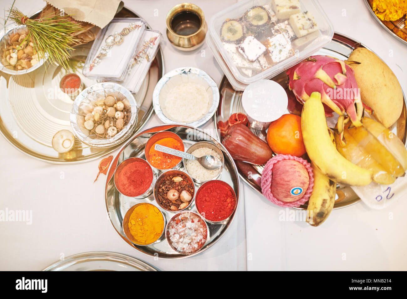 The prayer and worship items for thread ceremony, pooja (Puja) of the ...