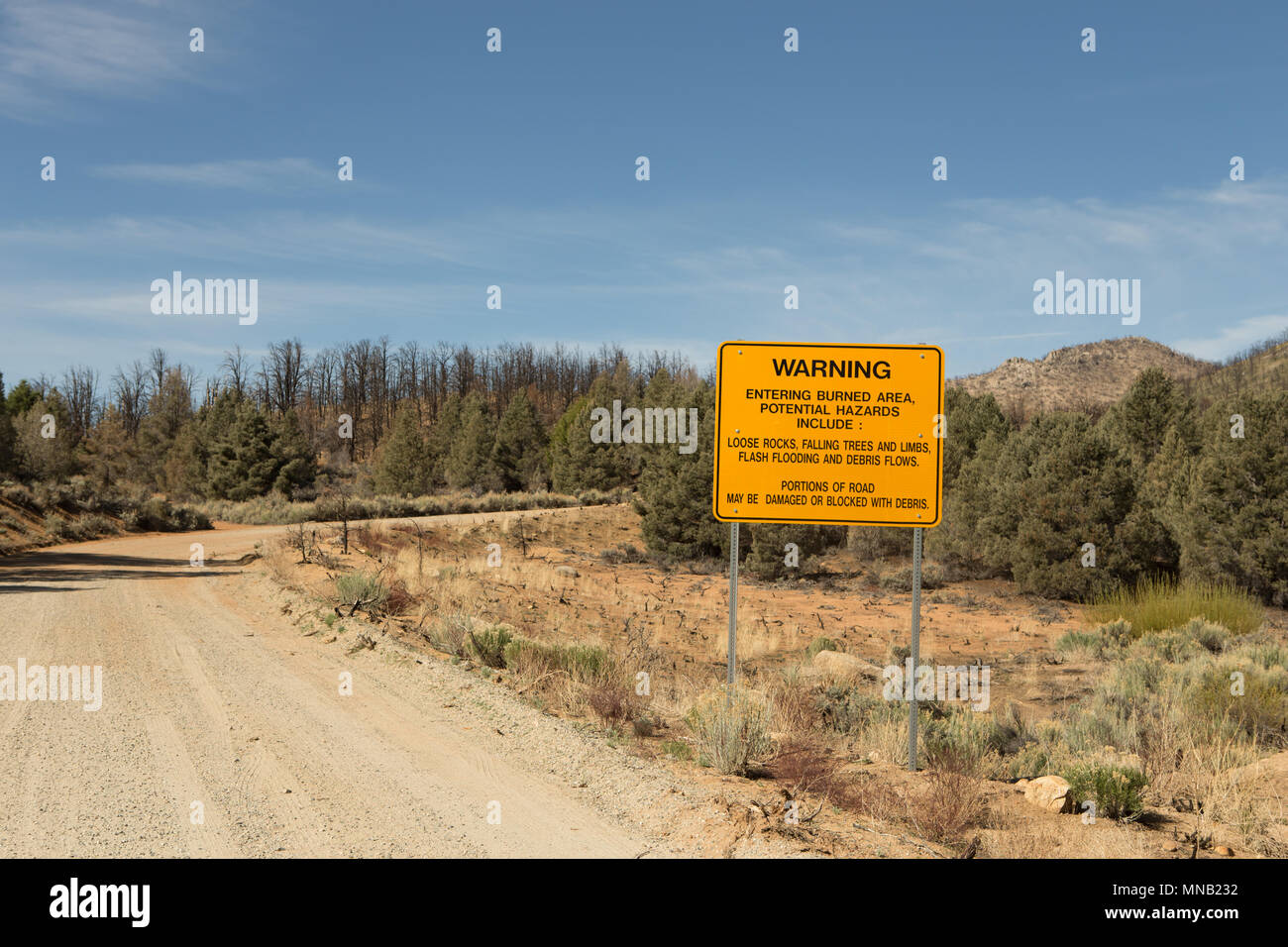 roadside warning sign entering burned area on the Chimney Peak Back ...