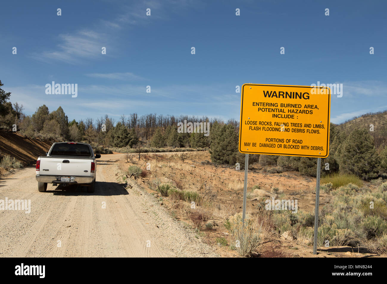 roadside warning sign entering burned area on the Chimney Peak Back ...