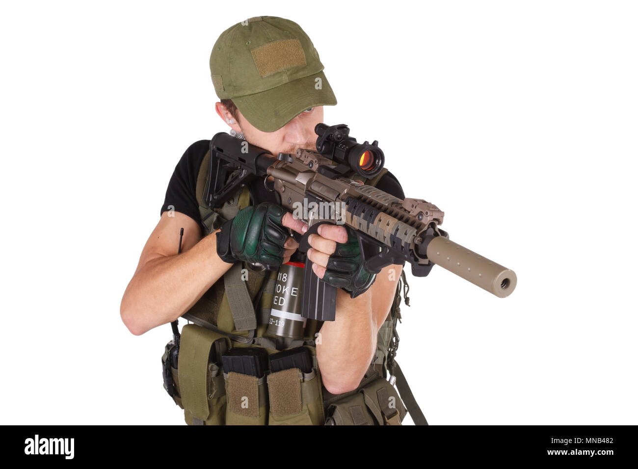 mercenary with m4 rifle isolated on white Stock Photo - Alamy