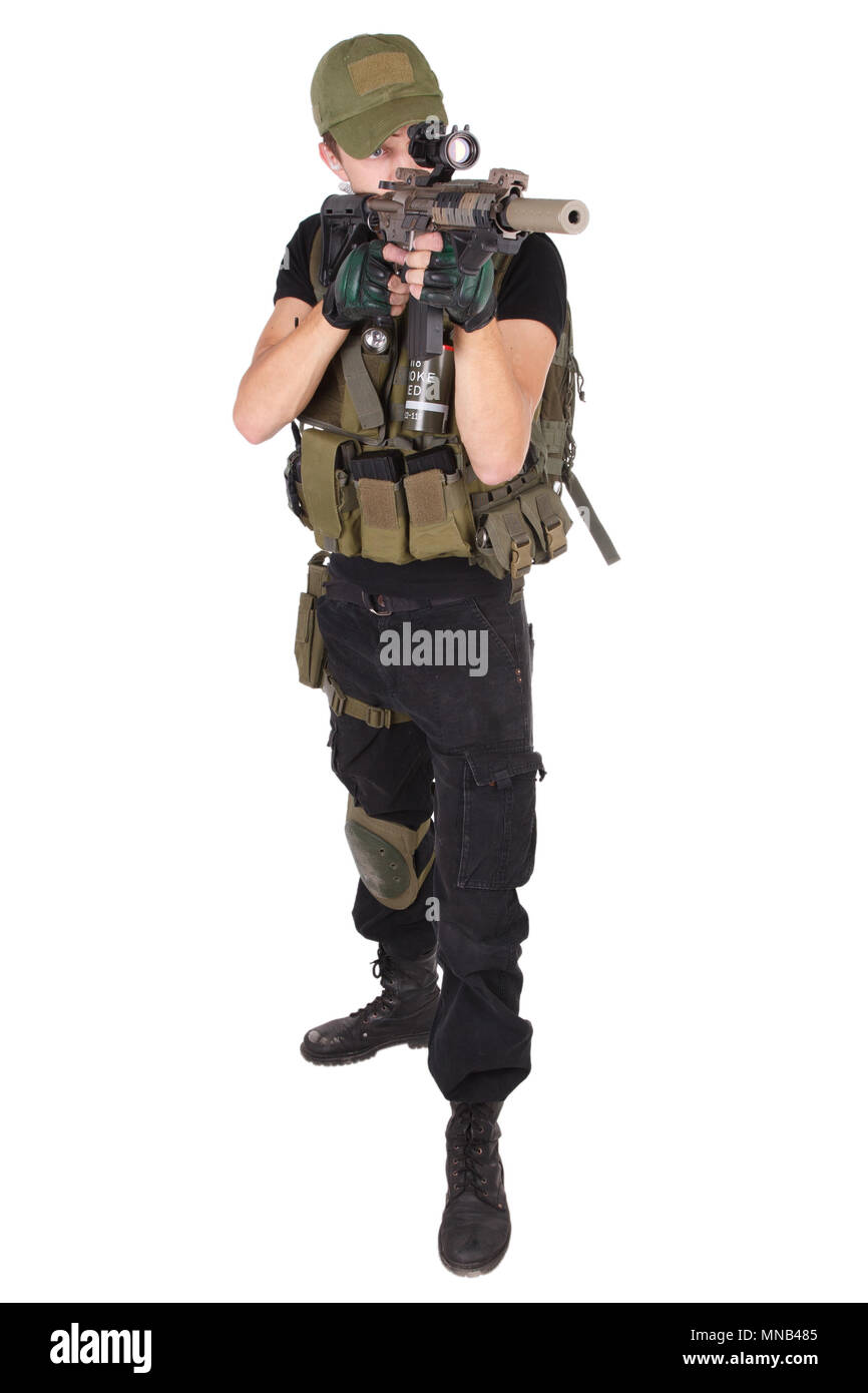 mercenary with m4 rifle isolated on white Stock Photo - Alamy