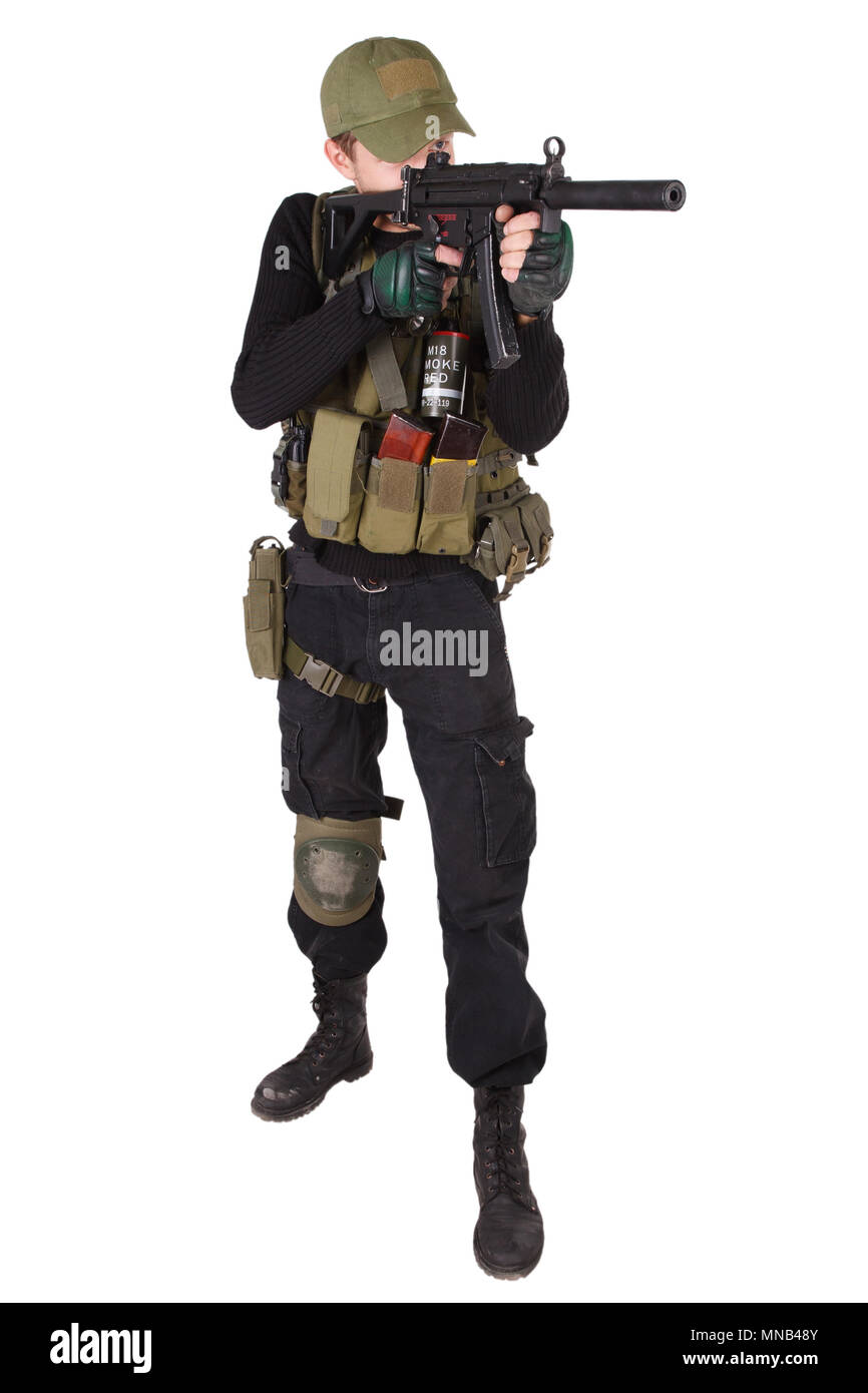 mercenary with mp5 submachine gun isolated on white Stock Photo - Alamy