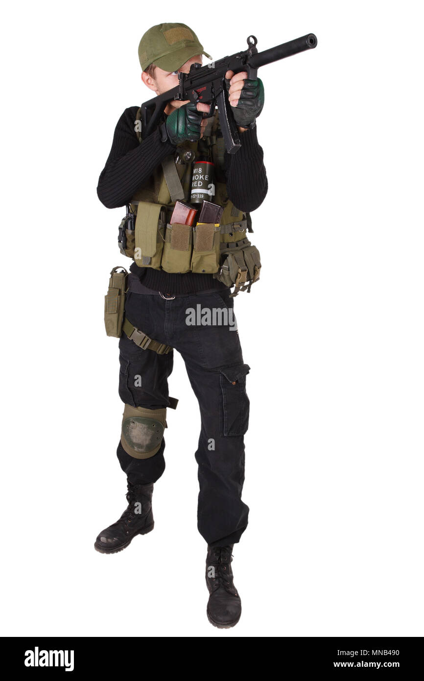 mercenary with mp5 submachine gun isolated on white Stock Photo - Alamy