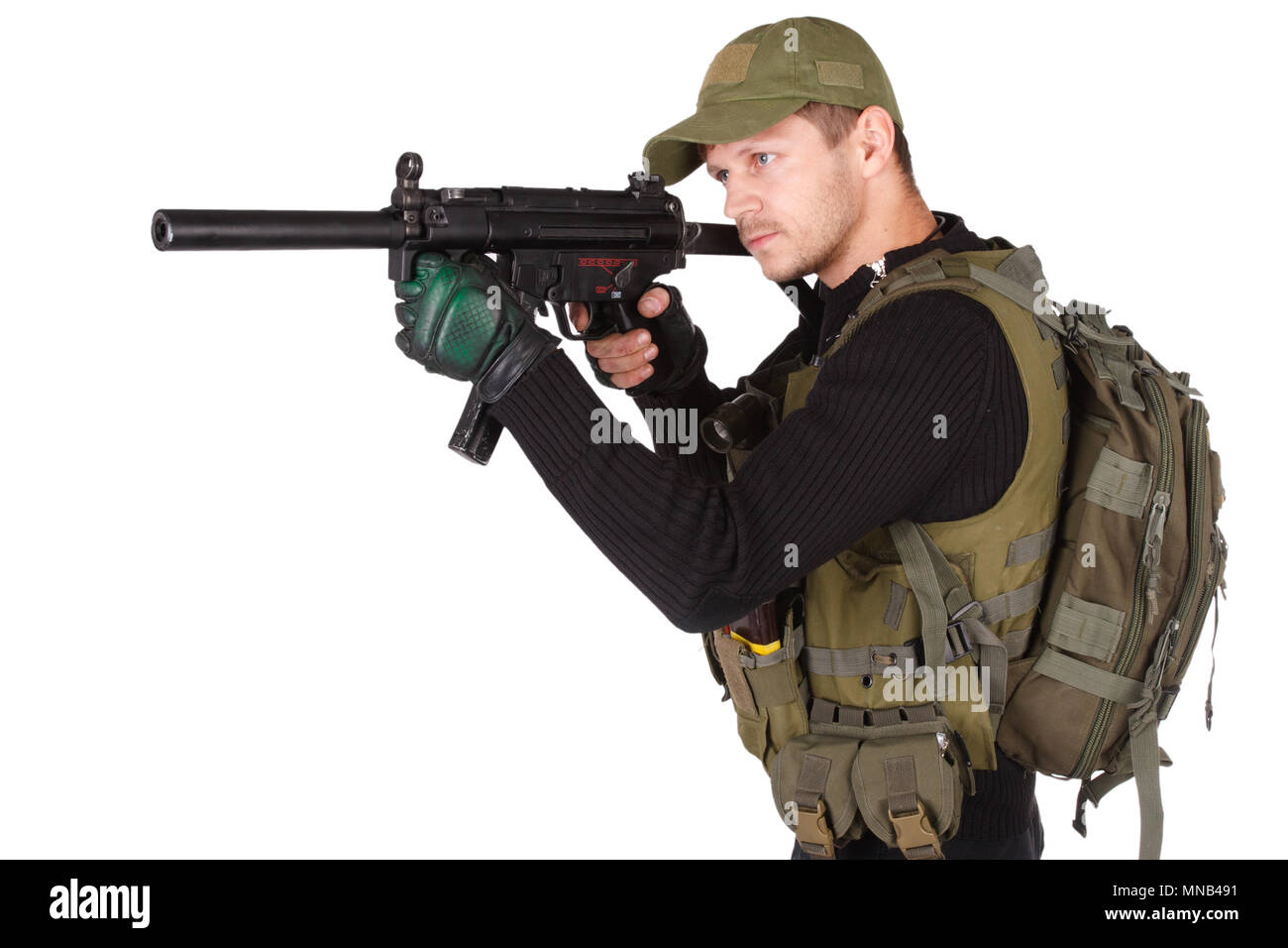 mercenary with mp5 submachine gun isolated on white Stock Photo - Alamy