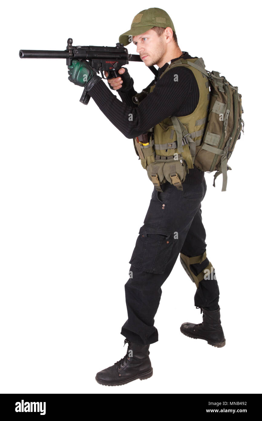 mercenary with mp5 submachine gun isolated on white Stock Photo - Alamy