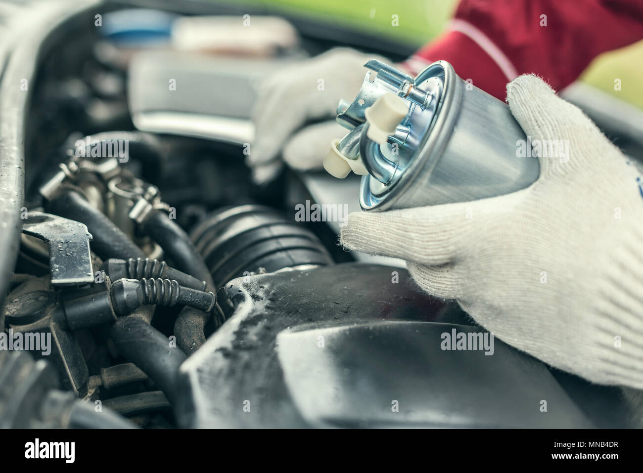 An auto mechanic replaces a car's fuel filter Stock Photo - Alamy