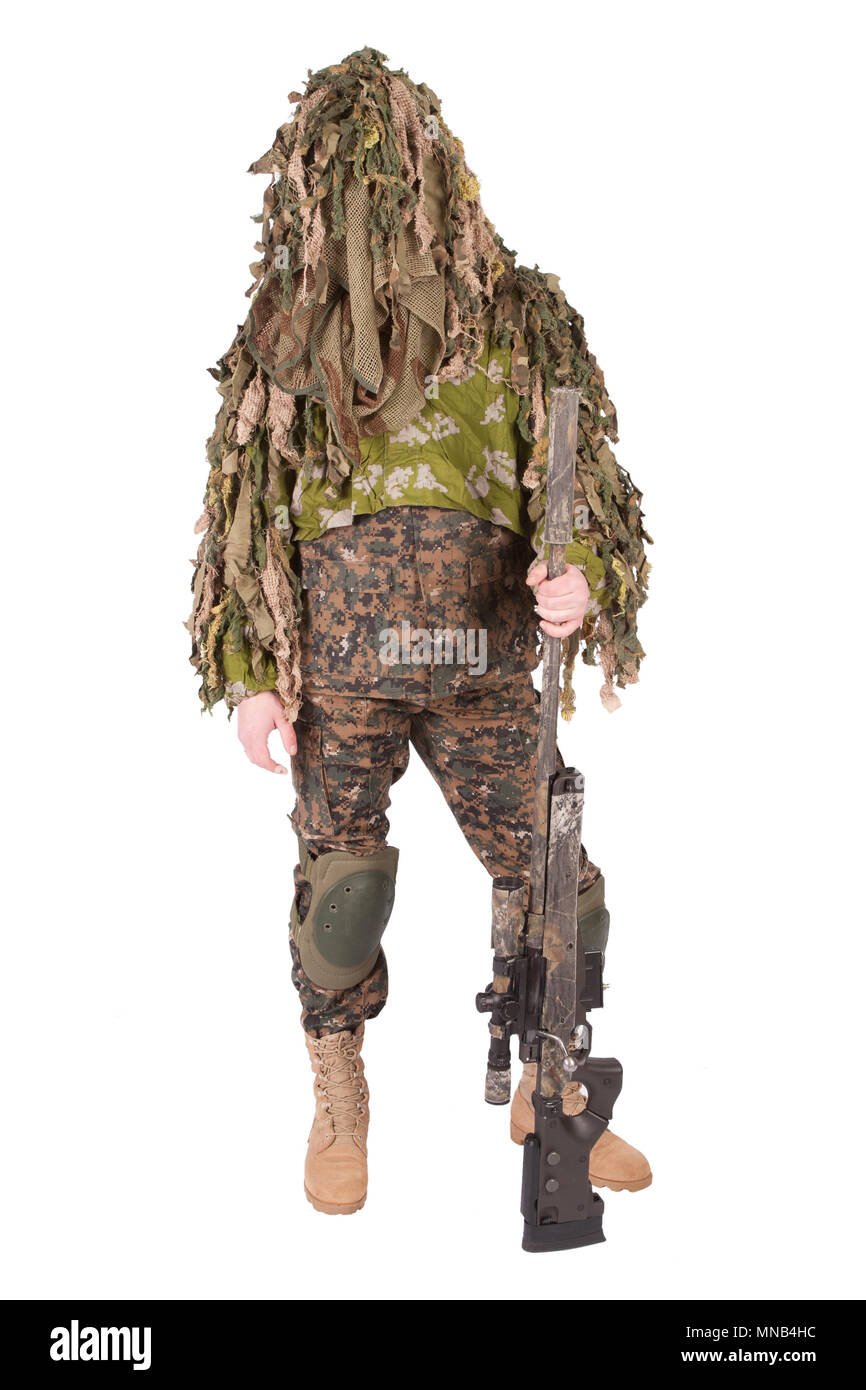 sniper in ghillie suit isolated on white background Stock Photo - Alamy