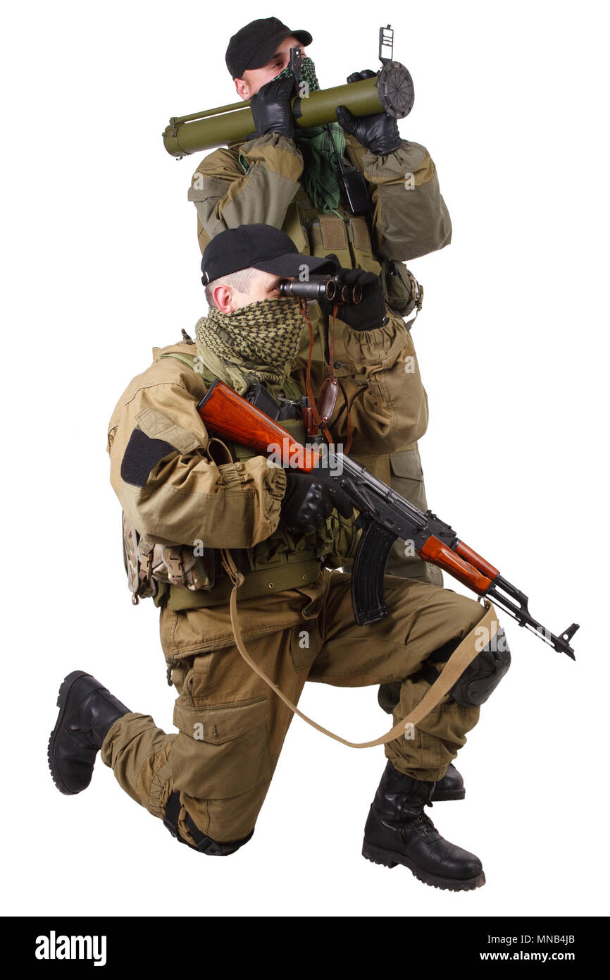 mercenaries with AK 47 and rocket launcher isolated on white background ...
