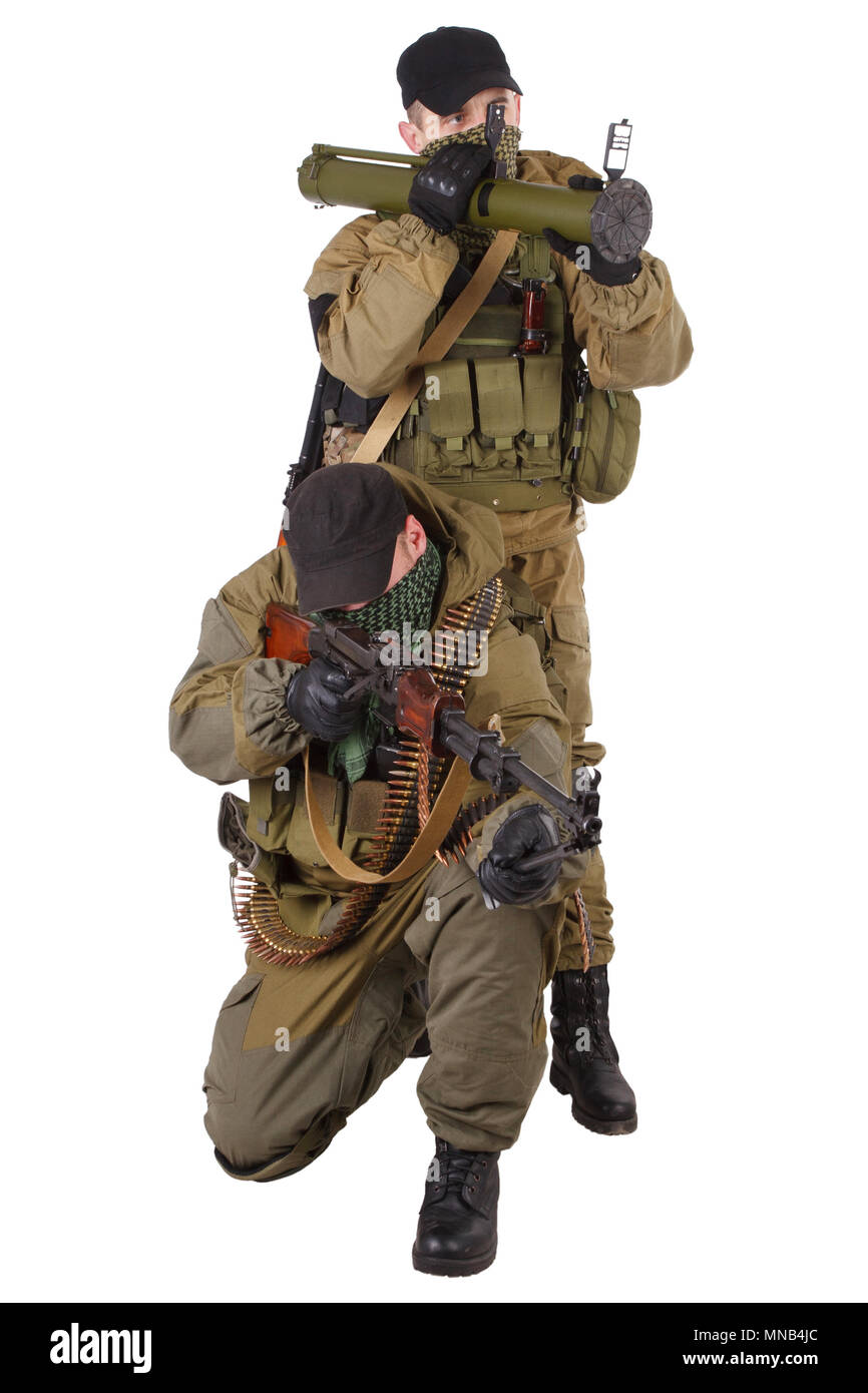 mercenaries with AK 47 and rocket launcher isolated on white background ...