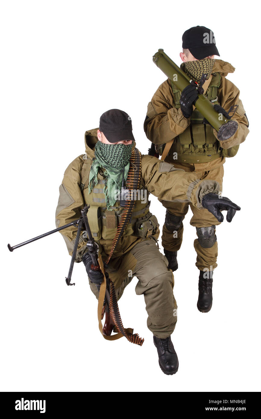 mercenaries with machine gun and rocket launcher isolated on white ...