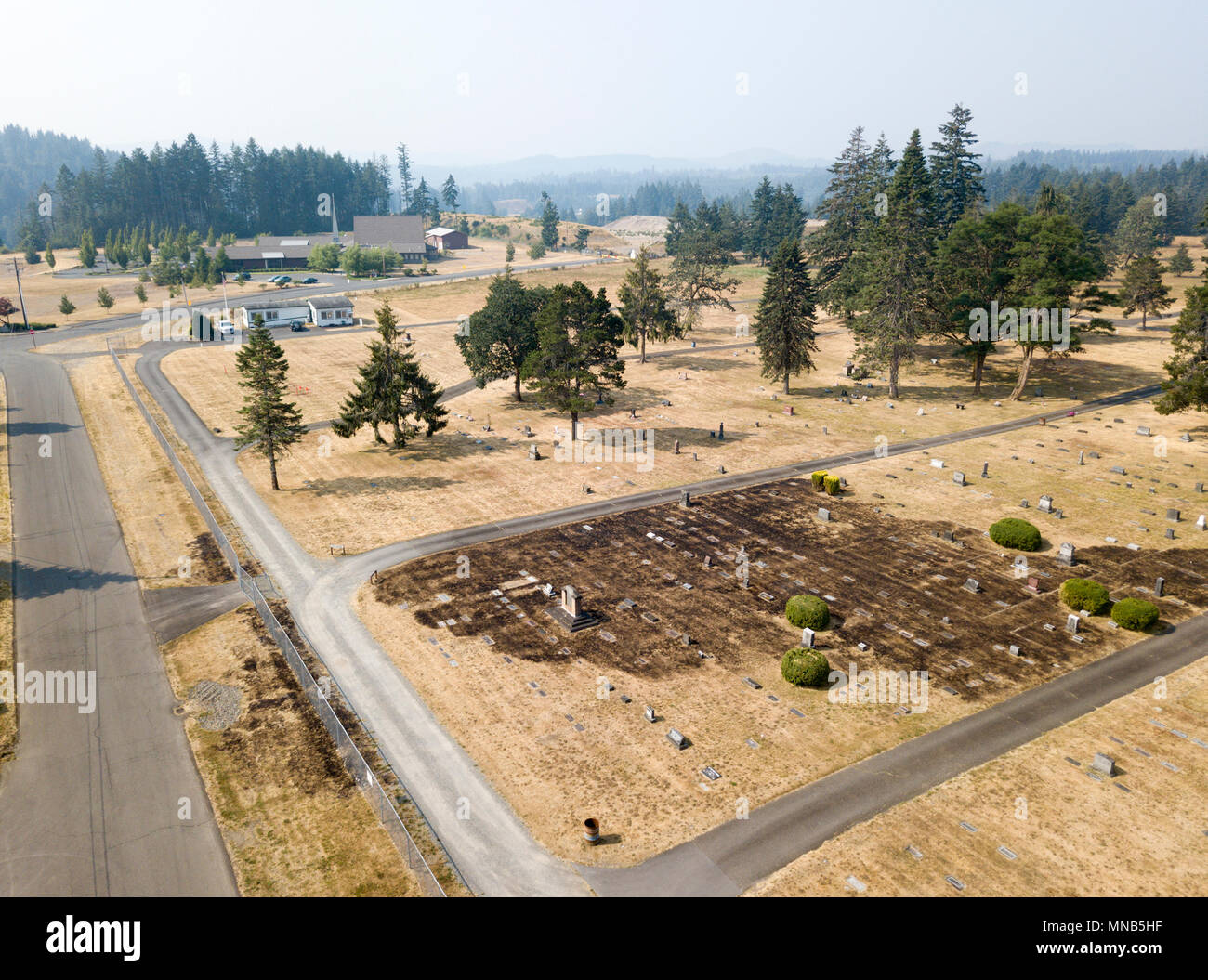 airial view of cemetary fire damage grassfire Stock Photo - Alamy