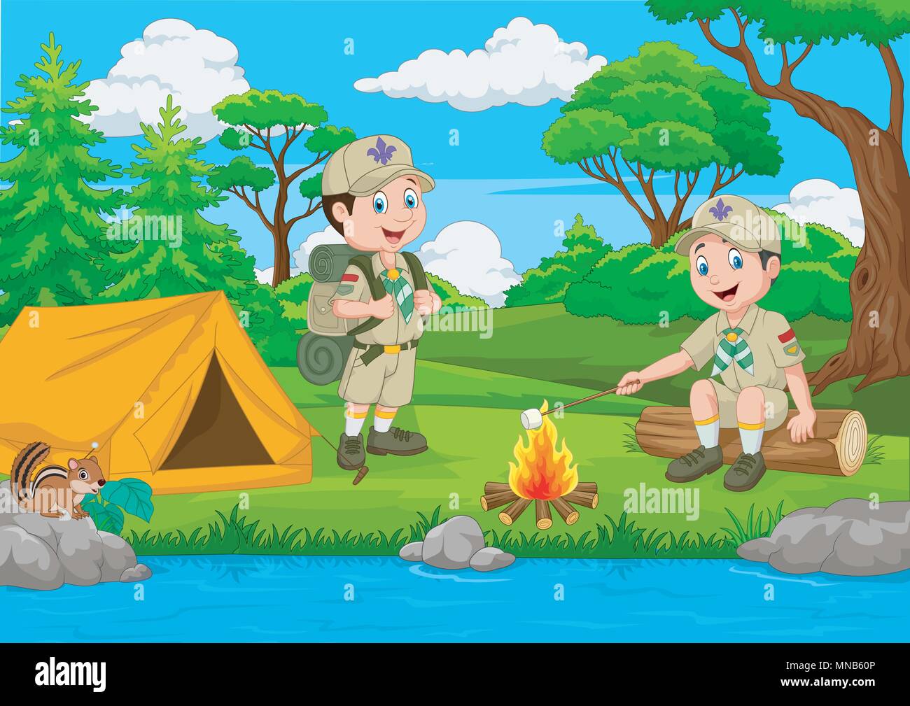 Cartoon scout with tent and camp fire Stock Vector Image & Art - Alamy
