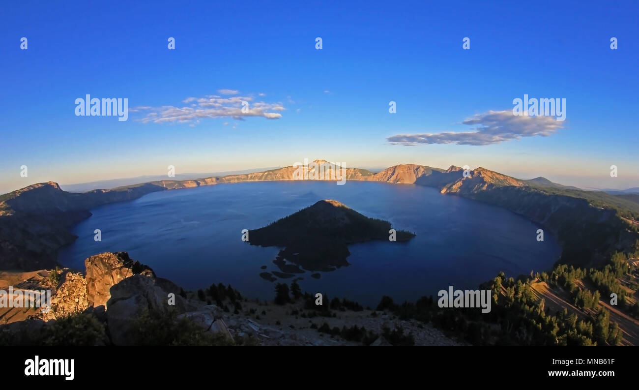 Crater Lake, fisheye view from Watchman's Peak just before sunset ...