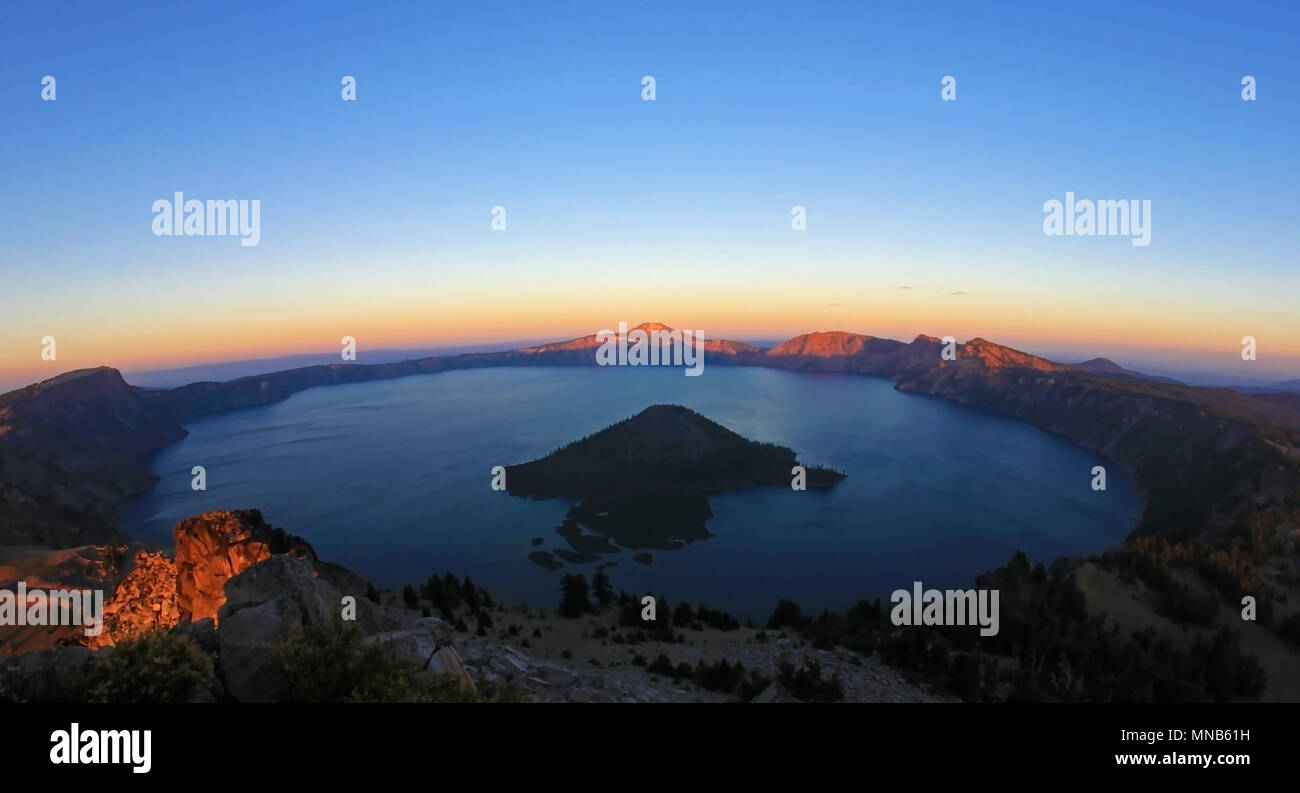 Crater Lake, fisheye view from Watchman's Peak just before sunset ...