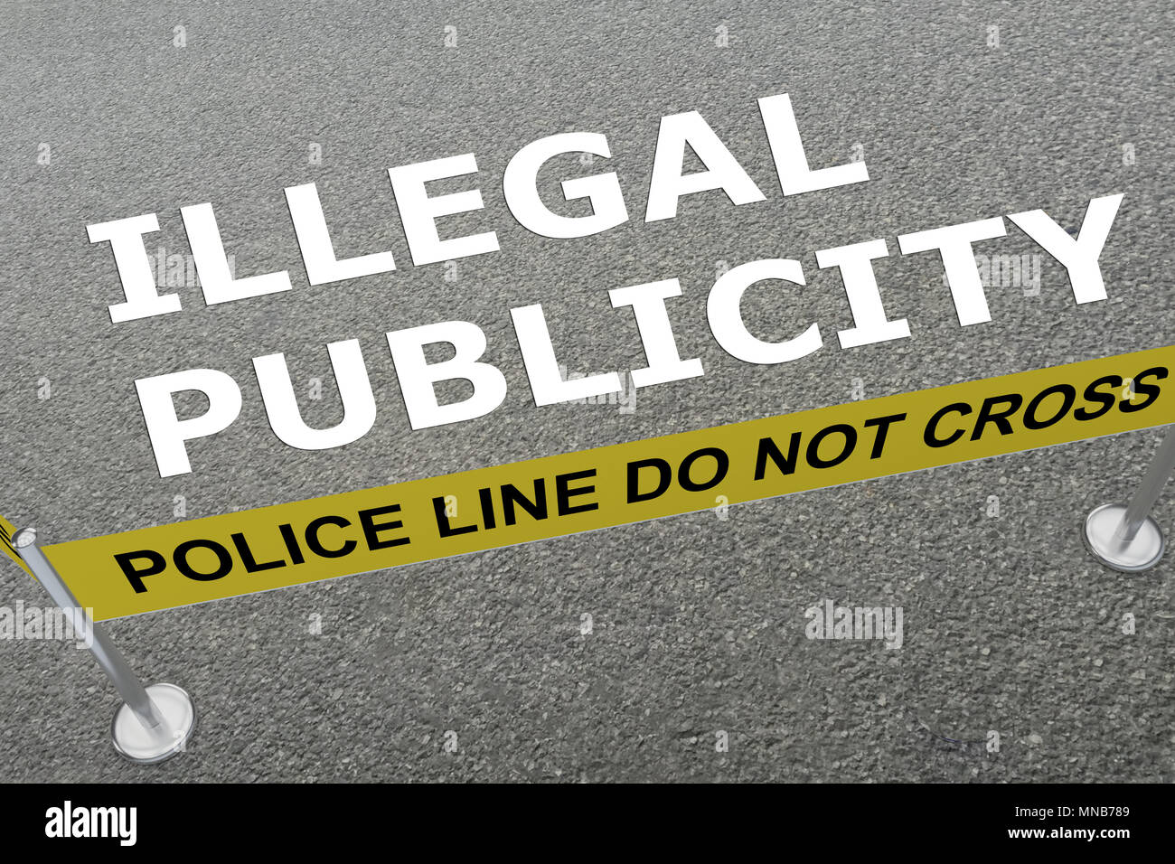 3D illustration of ILLEGAL PUBLICITY title on the ground in a police ...
