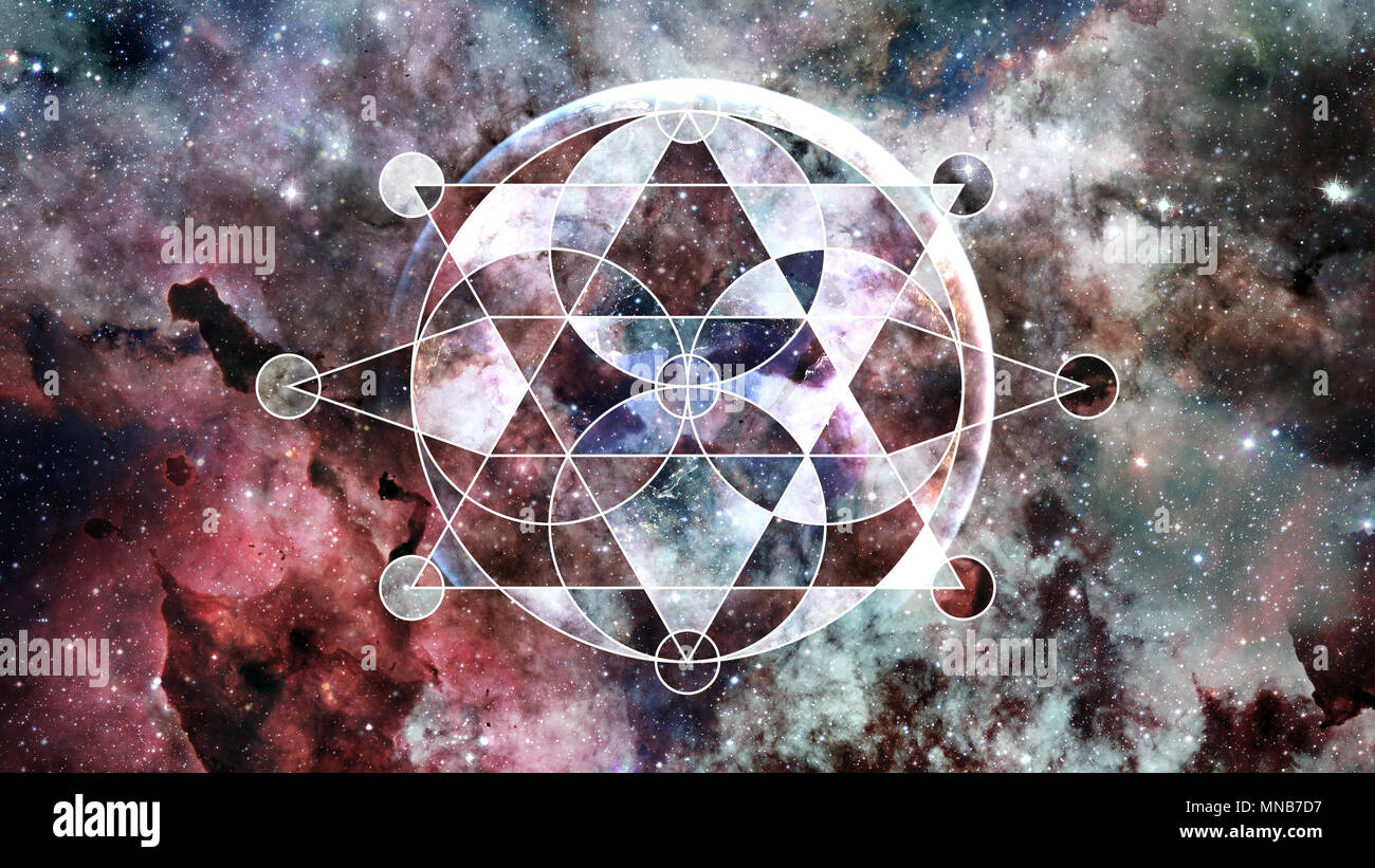 Abstract cosmos geometric background with polygons, triangles, stars ...