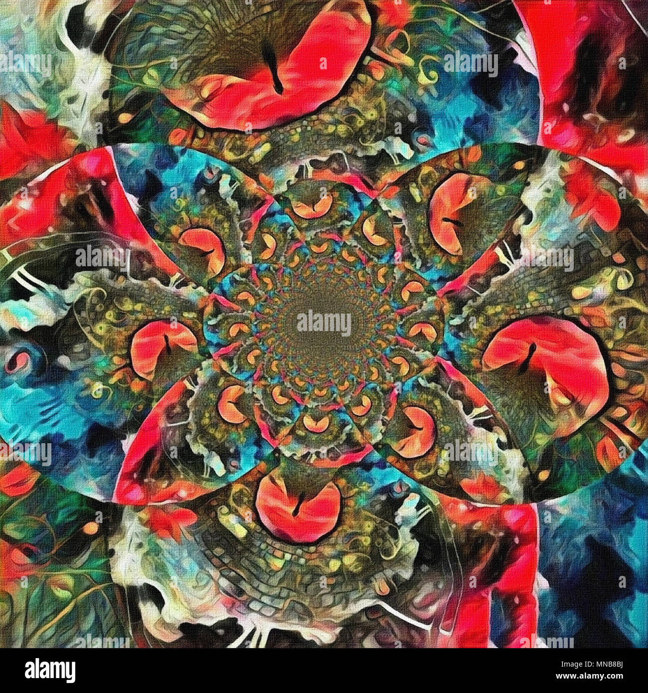 Abstract painting. Mirrored round fractal with a picture of lonely man ...