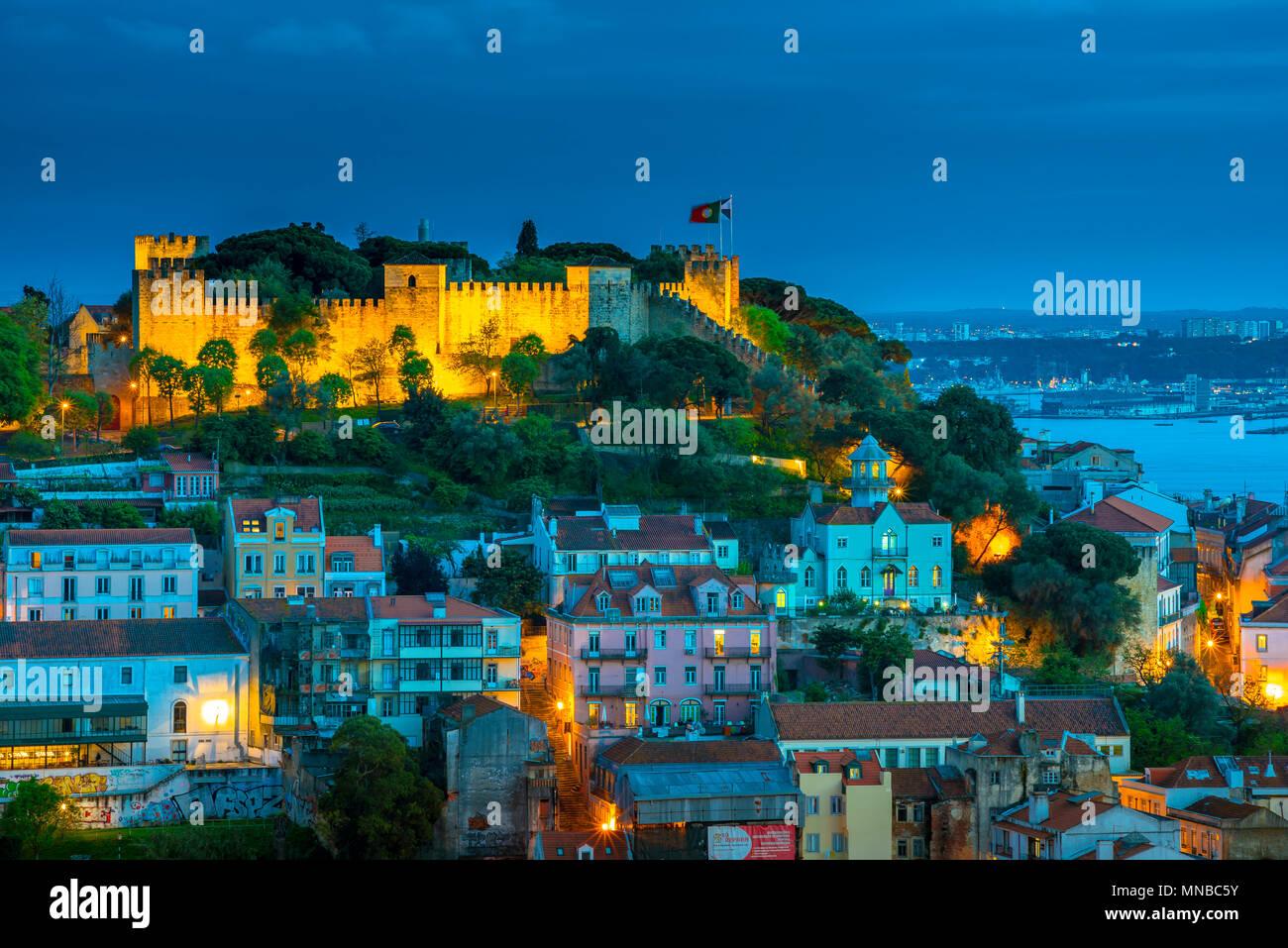 Lisbon city view night, the medieval Castelo de Sao Jorge sited high ...