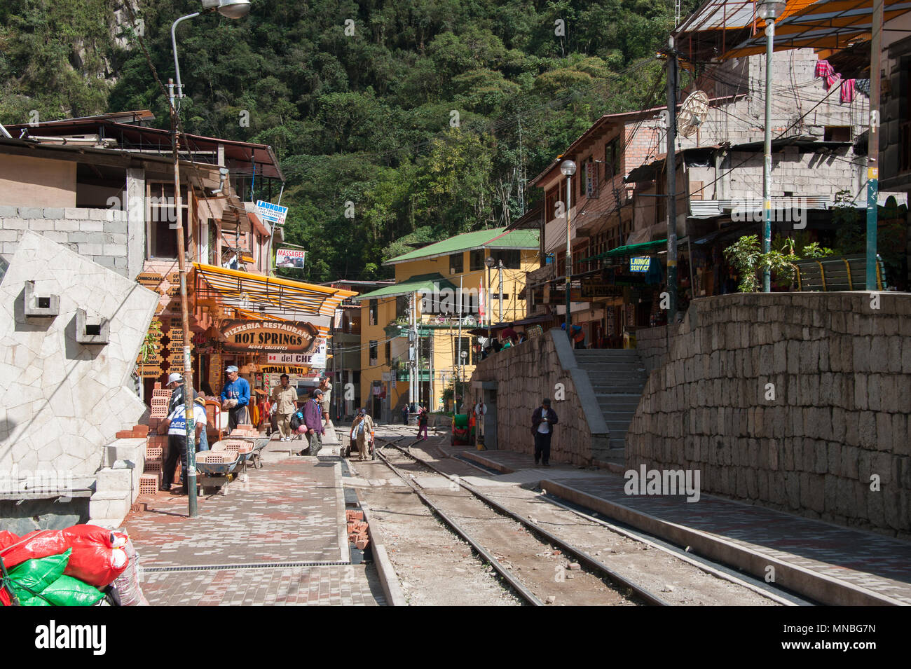The mountainous Aguas Calientes in the Machu Picchu district of Peru ...