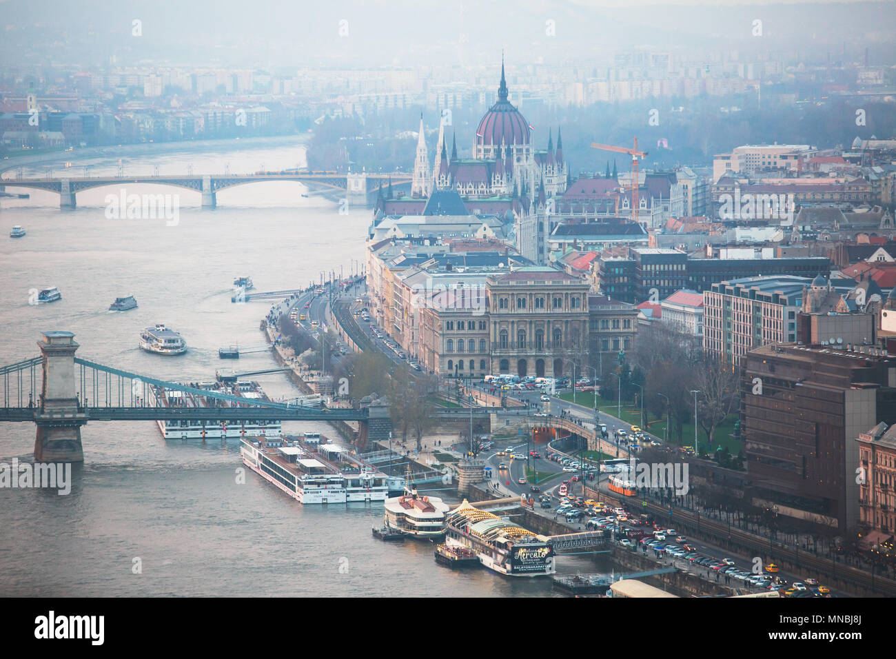 Beautuful super-wide angle aerial view of Budapest, Hungary, with ...