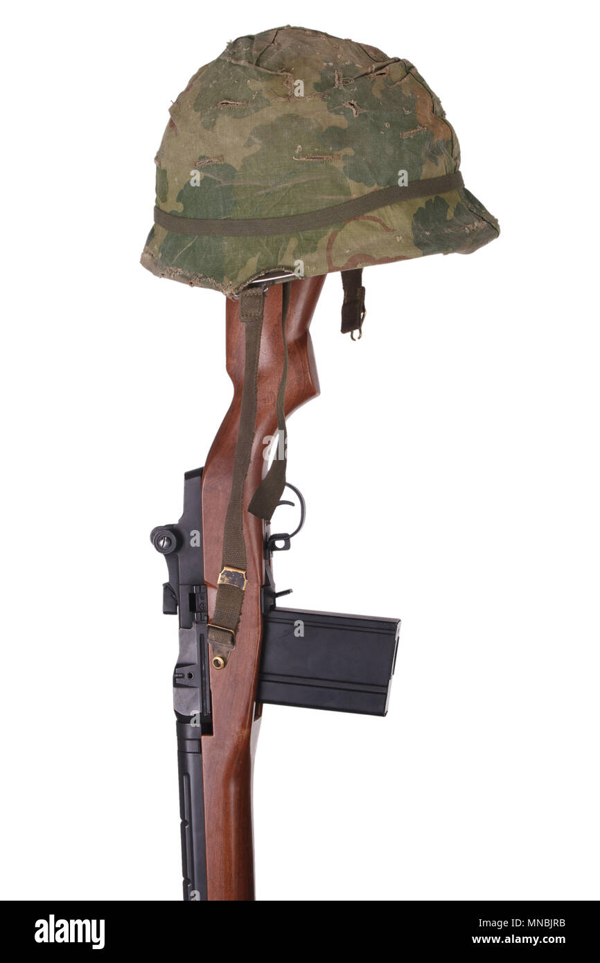 Rifle and Helmet Memorial isolated on white background Stock Photo - Alamy