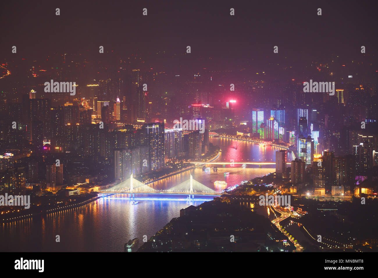 Beautiful wide-angle night aerial view of Guangzhou, Zhujiang New Town ...