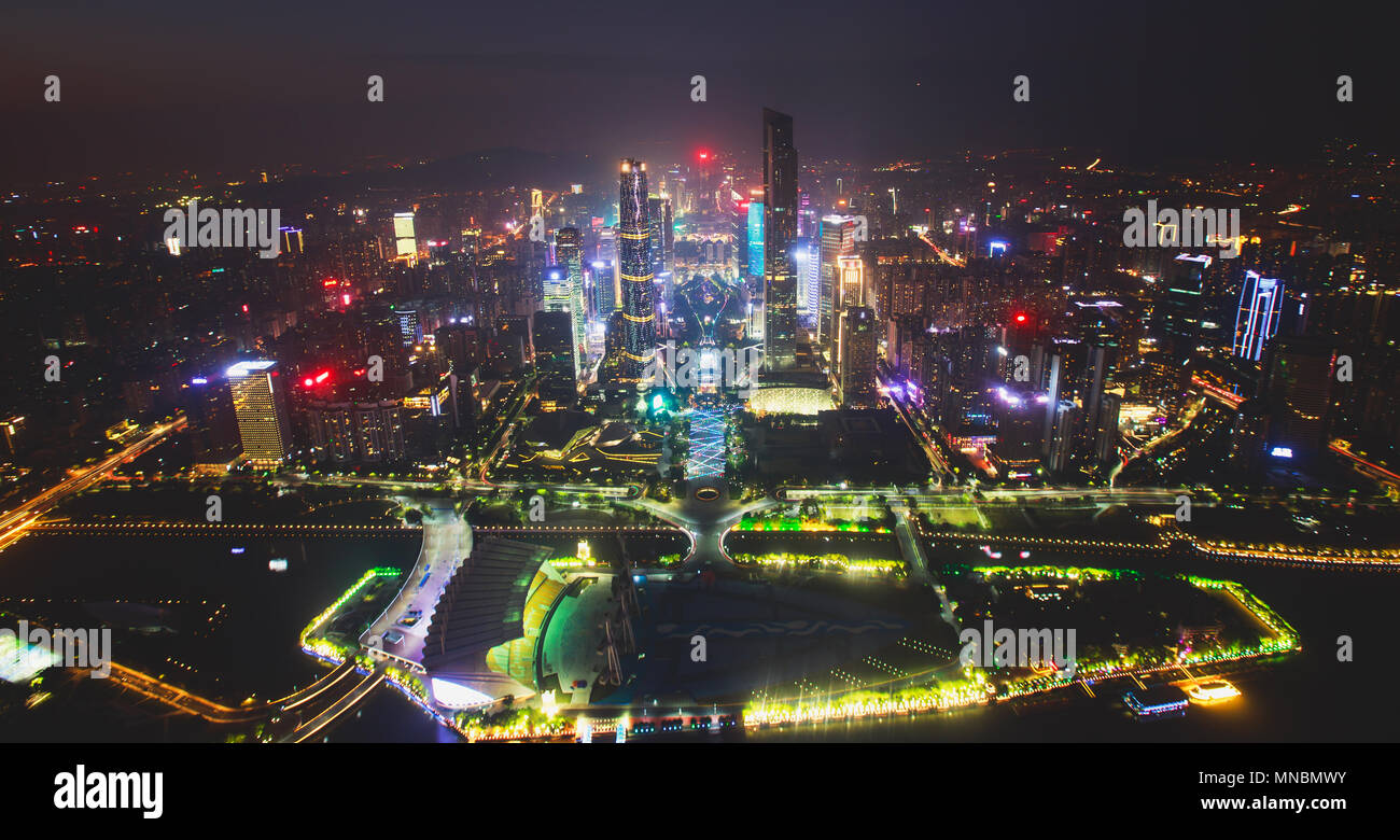 Beautiful wide-angle night aerial view of Guangzhou, Zhujiang New Town ...