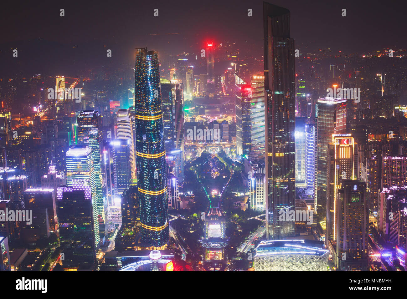 Beautiful wide-angle night aerial view of Guangzhou, Zhujiang New Town ...