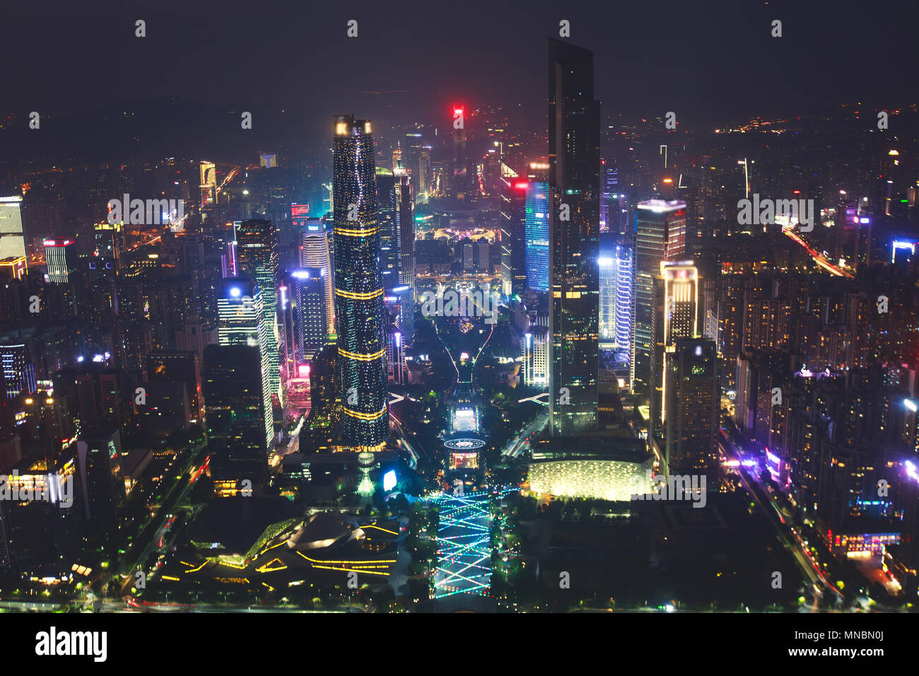 Beautiful wide-angle night aerial view of Guangzhou, Zhujiang New Town ...