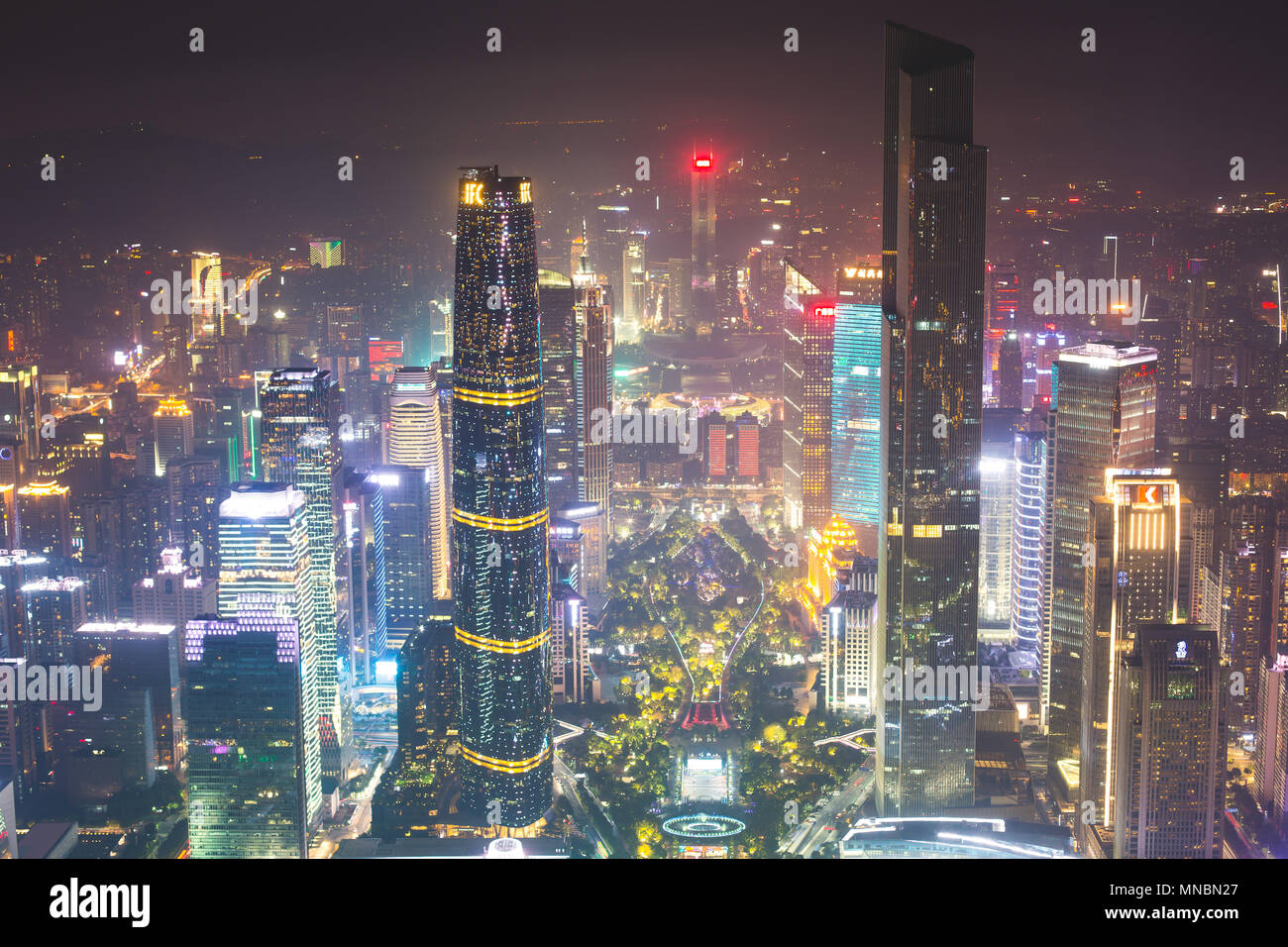 Beautiful wide-angle night aerial view of Guangzhou, Zhujiang New Town ...
