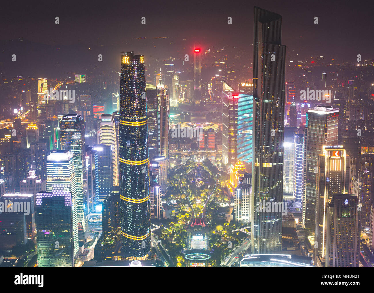 Beautiful wide-angle night aerial view of Guangzhou, Zhujiang New Town ...