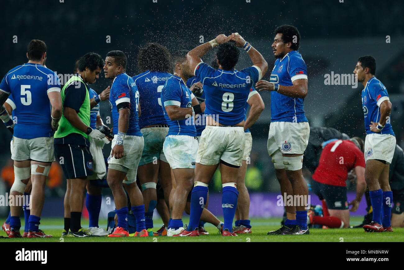 Samoa's Ofisa Treviranus (No.8) cools down during the QBE International ...
