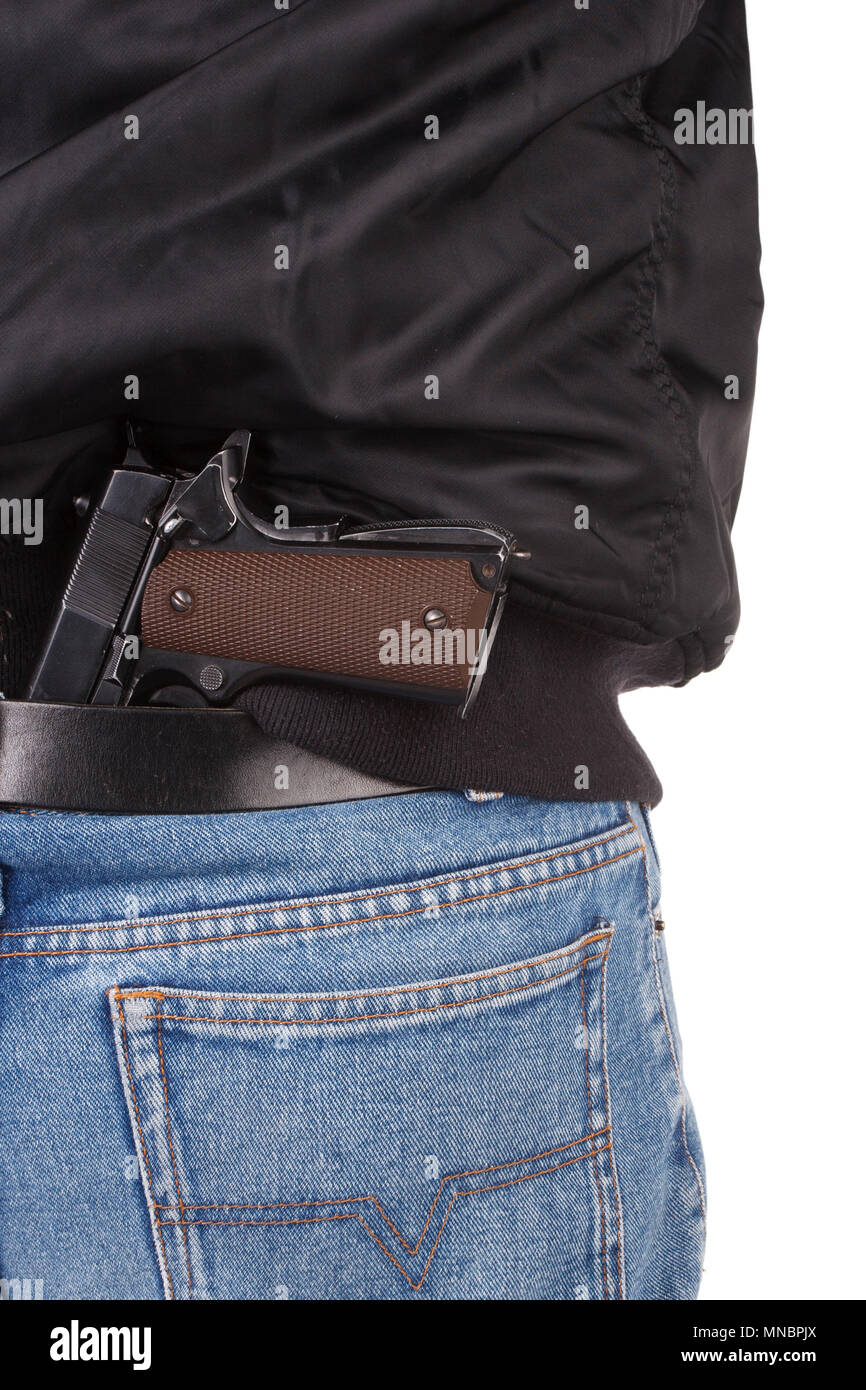 back view of robber with handgun isolated on white bacground Stock ...