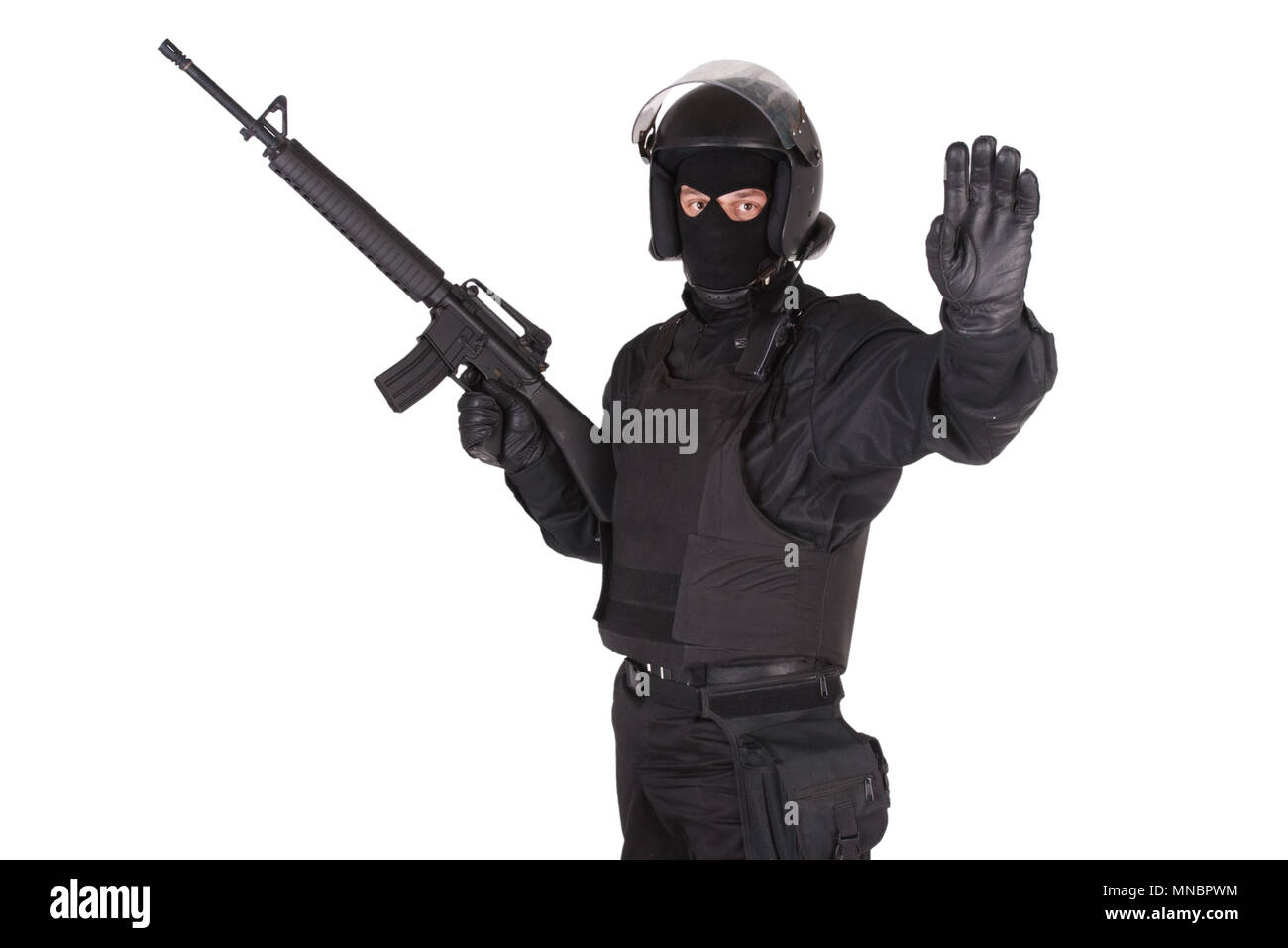 special forces sodier in black uniform isolated on white Stock Photo ...