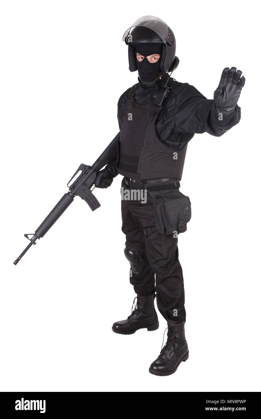 special forces sodier in black uniform isolated on white Stock Photo ...