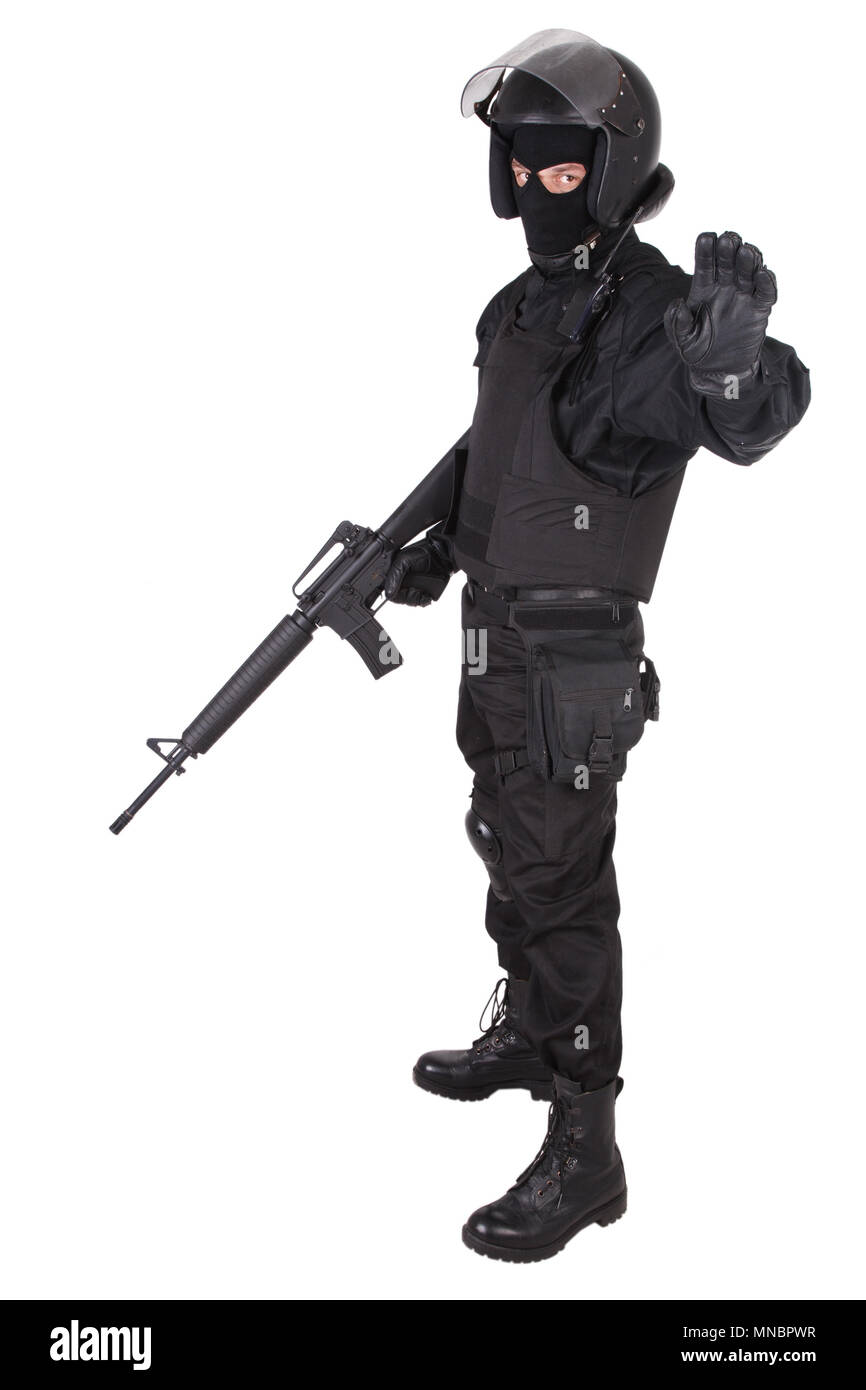 special forces sodier in black uniform isolated on white Stock Photo ...