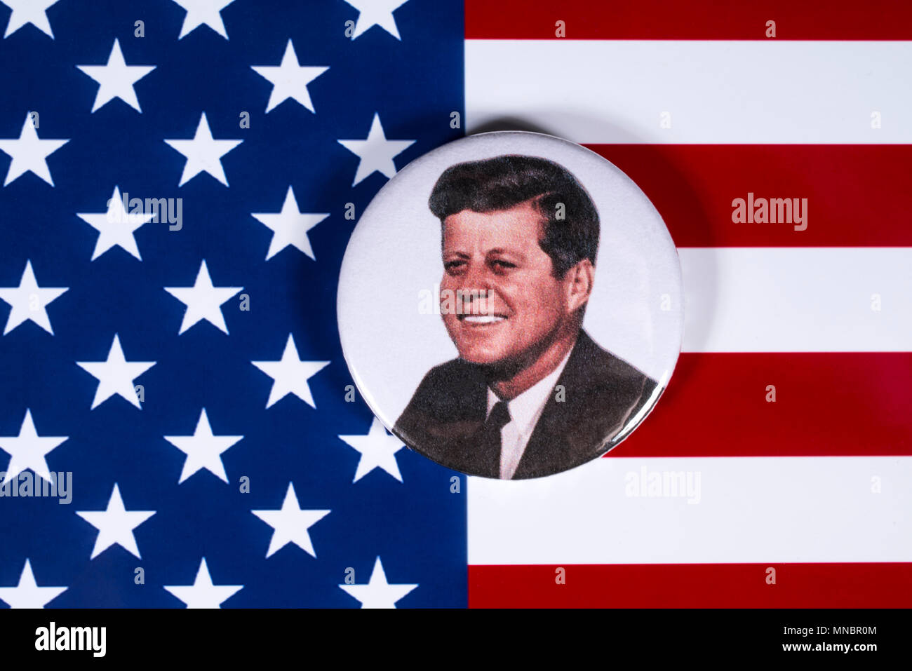 LONDON, UK - APRIL 27TH 2018: A John F. Kennedy badge pictured over the ...