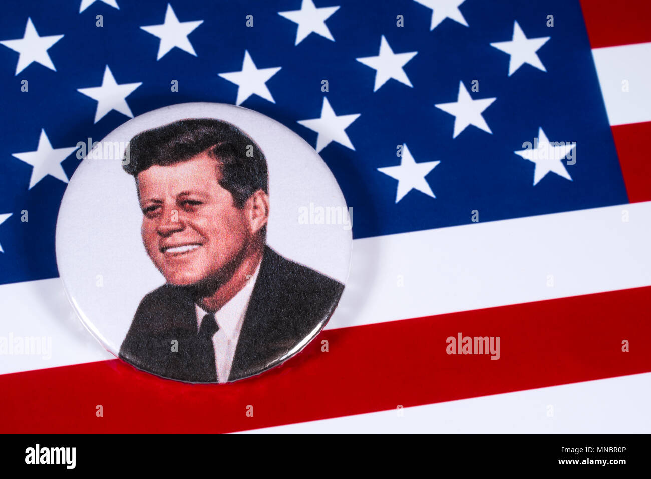 LONDON, UK - APRIL 27TH 2018: A John F. Kennedy badge pictured over the ...