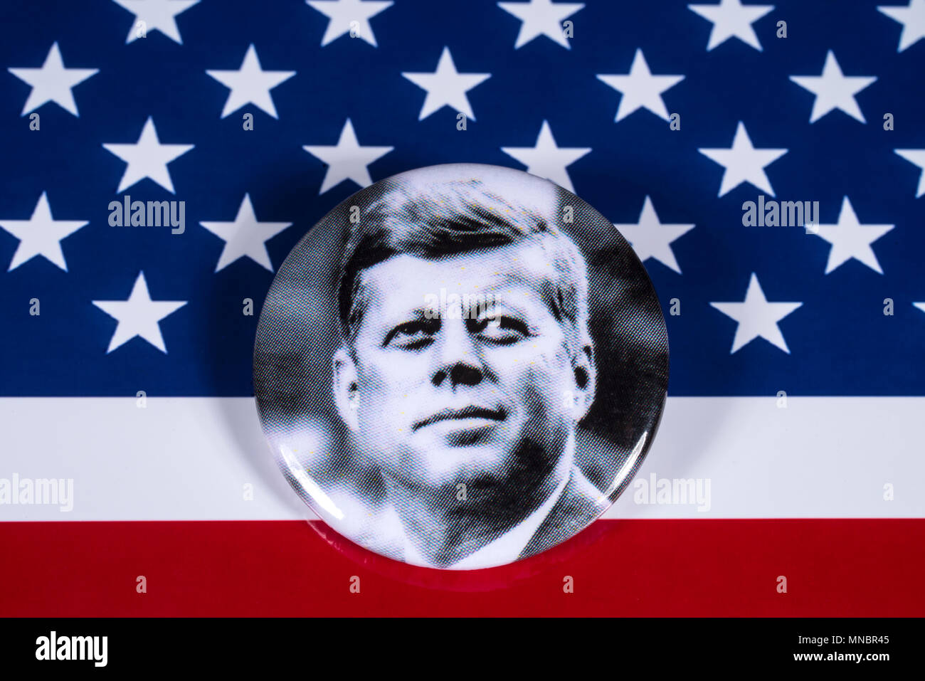 LONDON, UK - APRIL 27TH 2018: A John F. Kennedy badge pictured over the ...