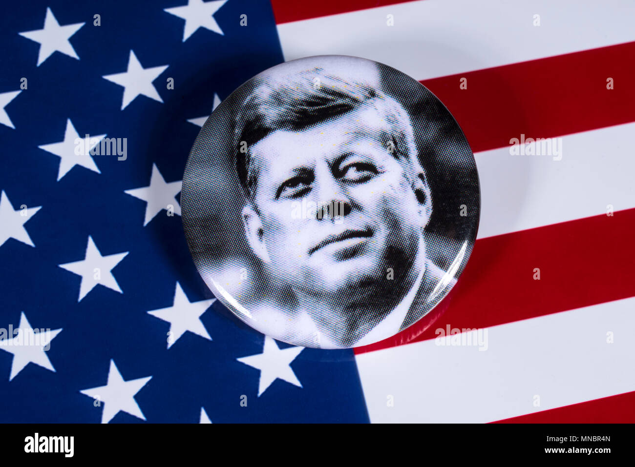 LONDON, UK - APRIL 27TH 2018: A John F. Kennedy badge pictured over the ...