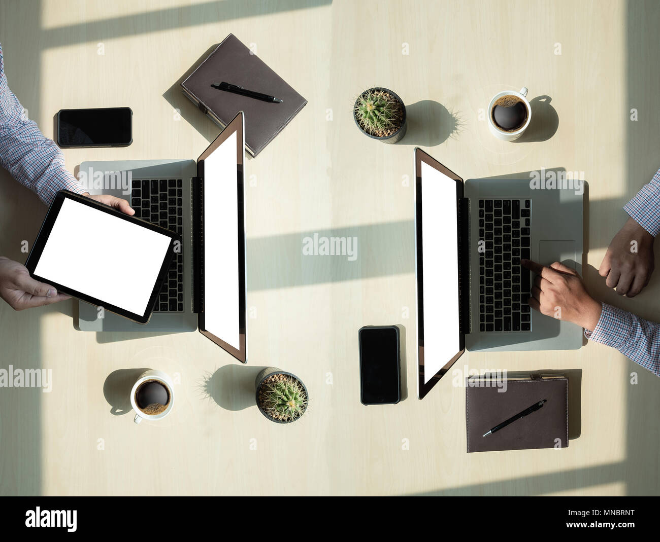 Overhead View top view man Working Desk Concept Stock Photo - Alamy