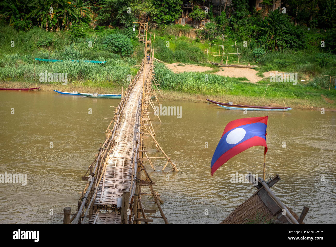 Bamboo Bridge Over The Nam Kahn River Near Its Confluence With The