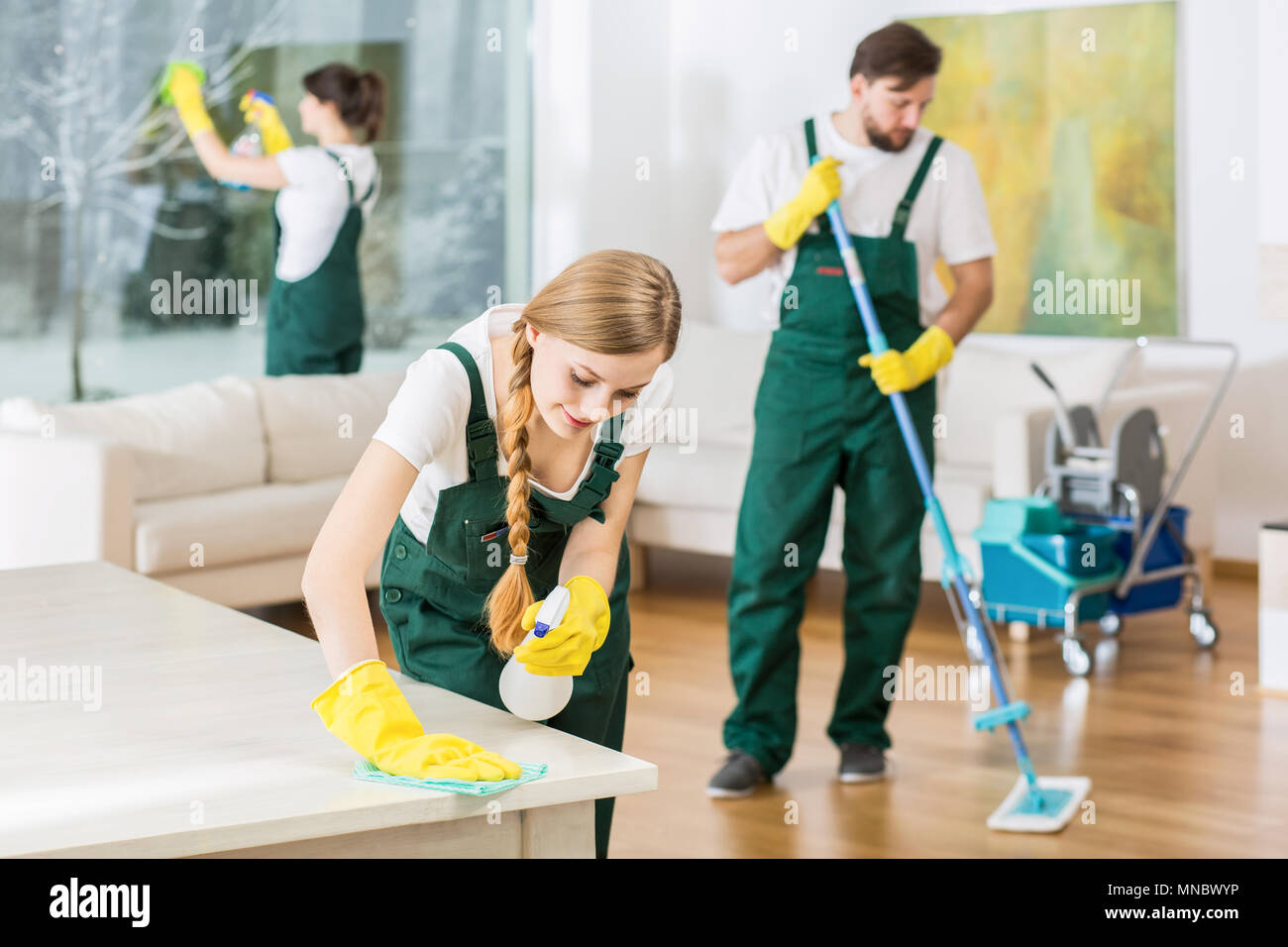 Cleaning service with professional equipment during work Stock Photo ...