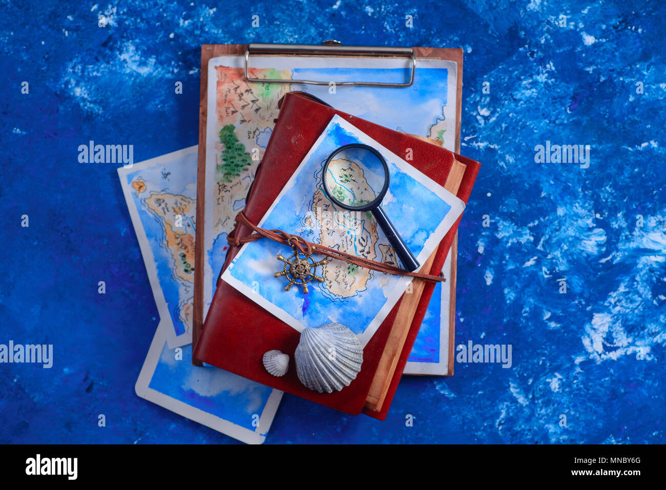 Sea travel and painting concept. Watercolor fantasy map on leather ...