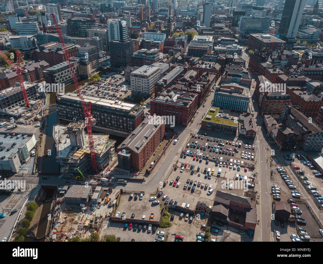 Manchester City Centre Drone Aerial View Above Building Work Skyline ...