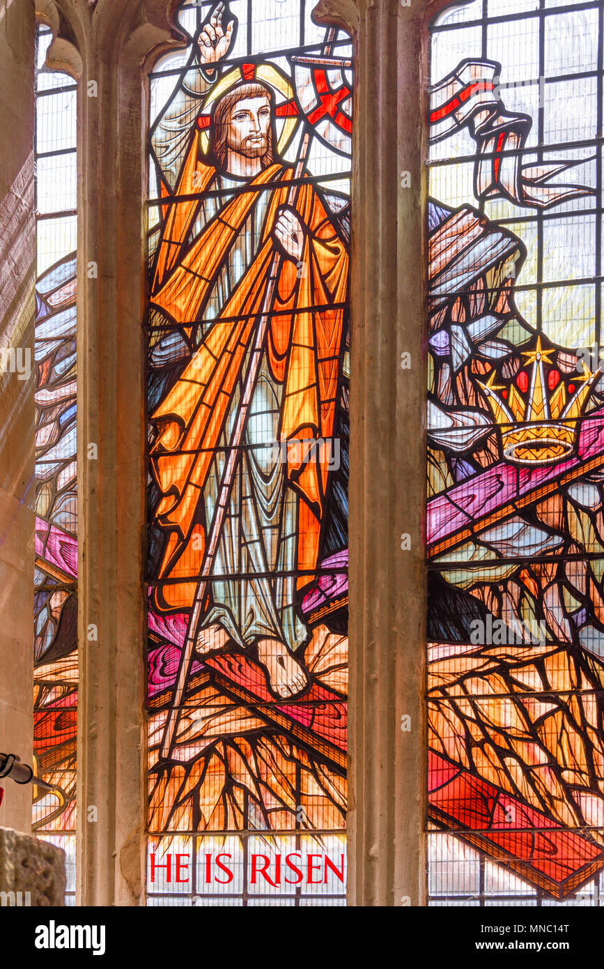 Stained glass window of the risen Jesus Christ at the medieval church ...