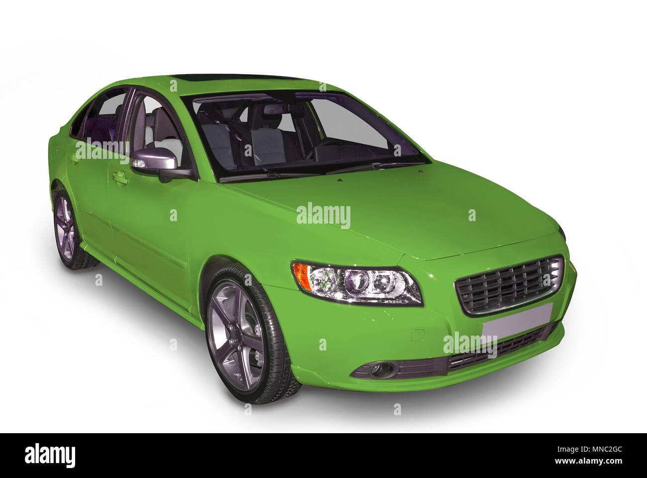Bright green four-door compact hybrid car isolated on a white ...